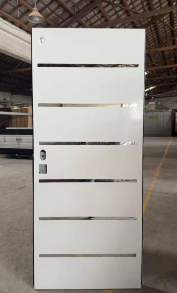 White Israeli Security Door with horizontal metal accents | Uniquehome